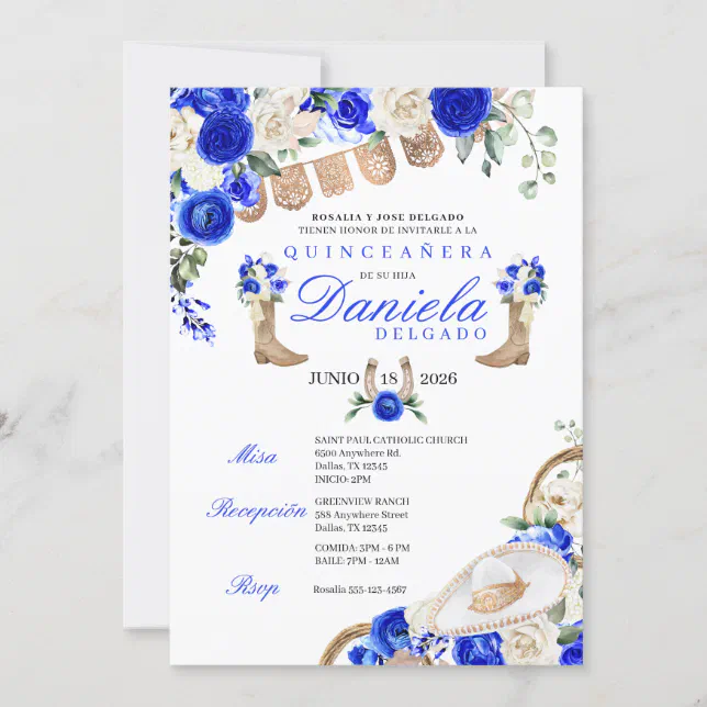 Blue Cowgirl Boots & Ropes Mariachi Quinceañera Invitation | Zazzle