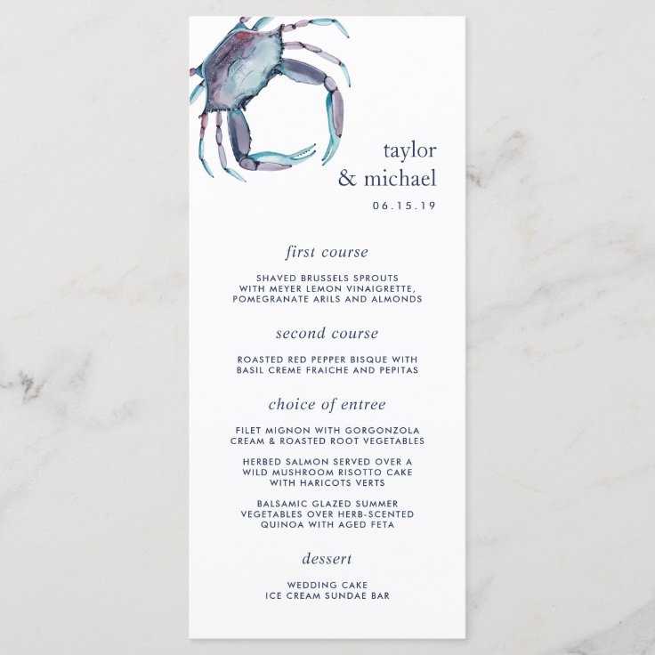 Blue Crab | Nautical Wedding Menu Card | Zazzle