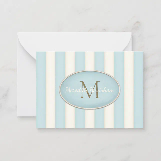 Blue & Cream Stripes Bronze Monogram Custom Note Card | Zazzle