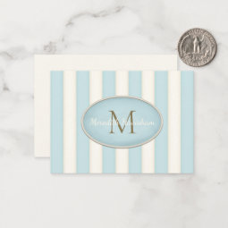 Blue & Cream Stripes Bronze Monogram Custom Note Card | Zazzle