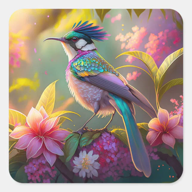 Blue Crested Rainbow Winged Sunbird Fantasy Bird Square Sticker | Zazzle