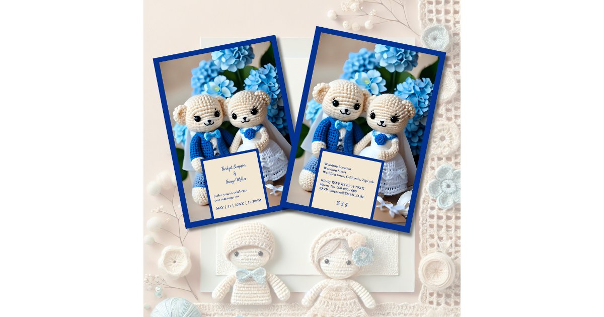 blue crochet wedding couple invitation | Zazzle