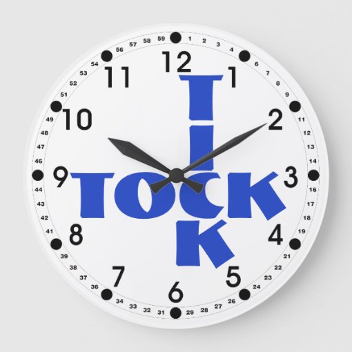 Blue Crossword Tick Tock Text Large Clock | Zazzle