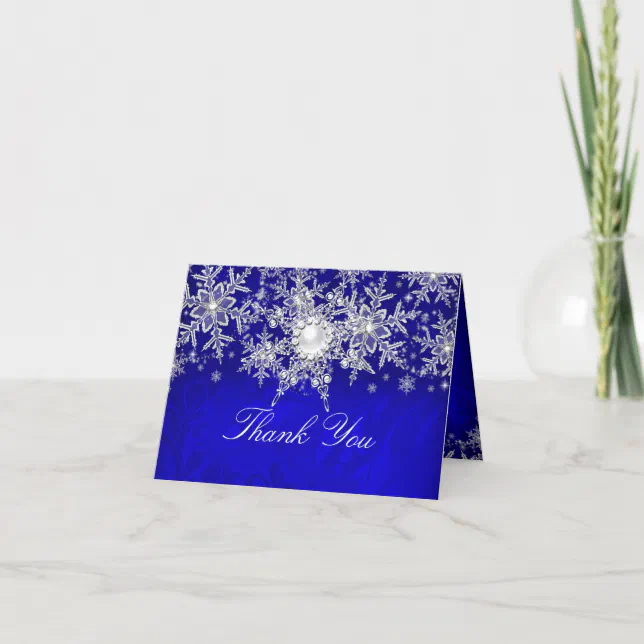 Blue Crystal Pearl Snowflake Silver Thank You Card | Zazzle