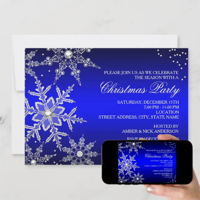 Blue Crystal Snowflake Christmas Party invite | Zazzle