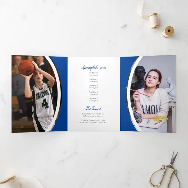 Blue Curved Frame Three Photo Graduation Tri-Fold Invitation | Zazzle