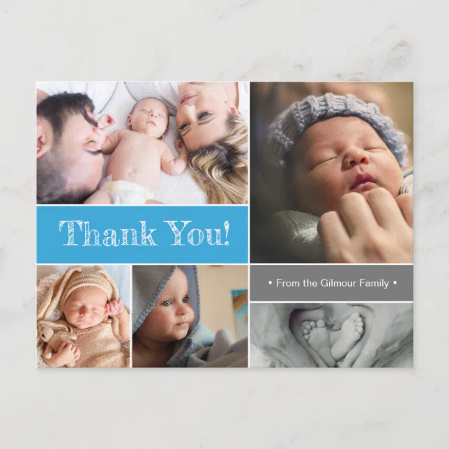 Blue custom new baby boy photo collage Baby Shower Postcard | Zazzle