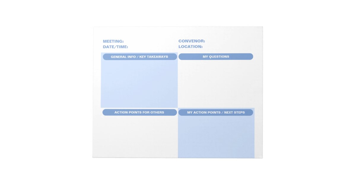 Blue Customizable Four Part MEETING NOTES Notepad | Zazzle