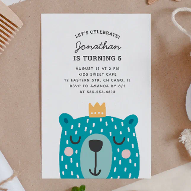 Blue cute bear. Kids or baby boy birthday party Invitation | Zazzle