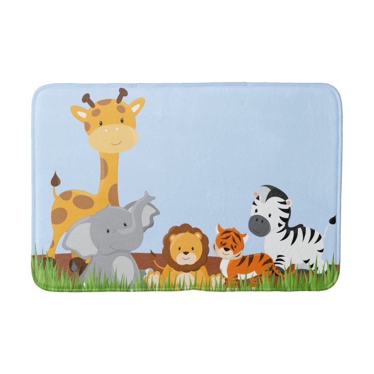 Blue Cute Jungle Baby Animals Bath Mat | Zazzle