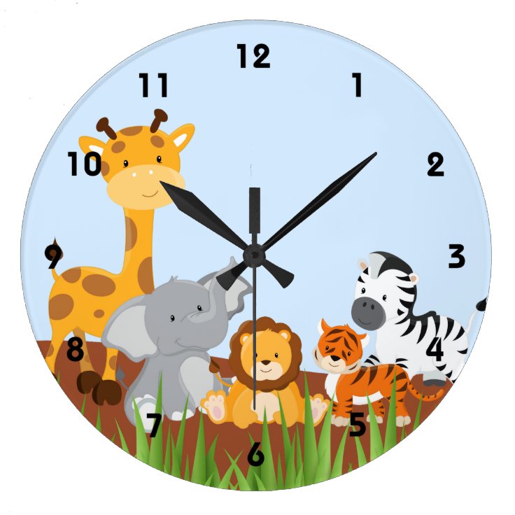 Blue Cute Jungle Baby Animals Wall Clocks | Zazzle