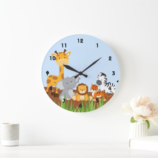 Blue Cute Jungle Baby Animals Wall Clocks | Zazzle