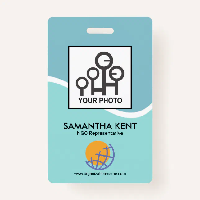 Blue Cyan Waves Photo Template Staff ID Badge | Zazzle