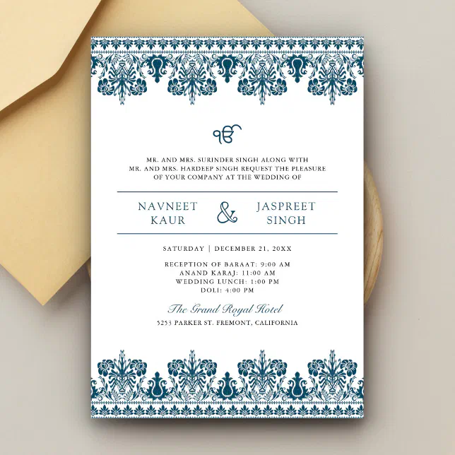 Blue Damask Border Anand Karaj Sikh Wedding Invitation | Zazzle