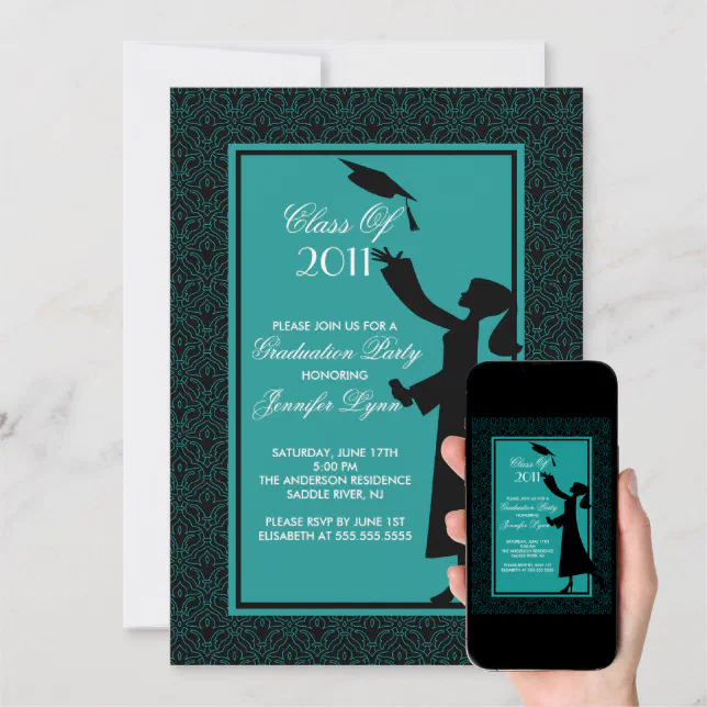 Blue Damask Graduation Invitation Silhouette Grad | Zazzle