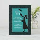 Blue Damask Graduation Invitation Silhouette Grad | Zazzle