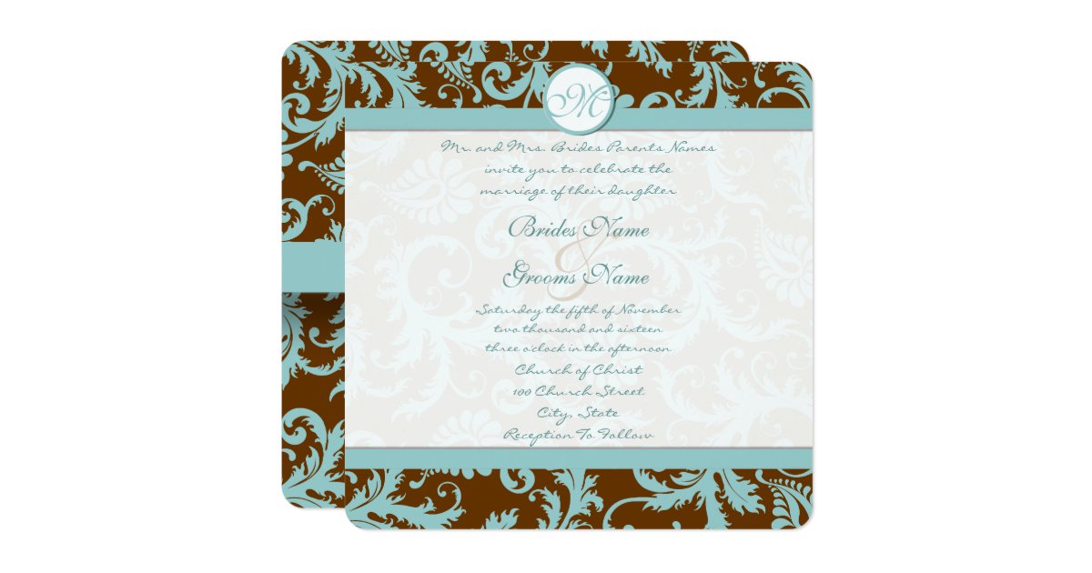 Blue Damask on Brown Wedding Invitation | Zazzle.com