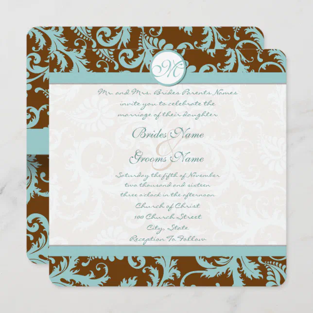 Blue Damask on Brown Wedding Invitation | Zazzle