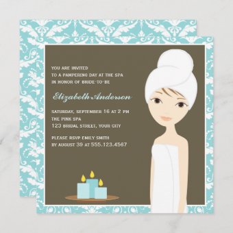 Blue Damask Pattern Spa Bridal Shower Invitation | Zazzle