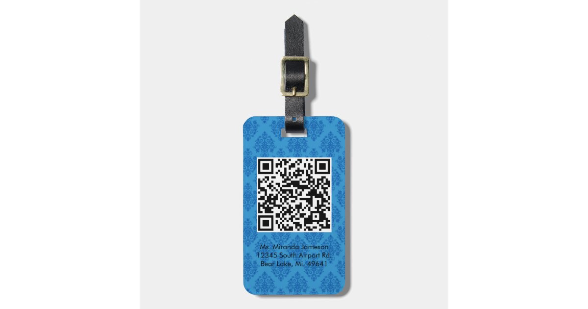 Blue Damask QR CODE Custom Luggage Tag | Zazzle