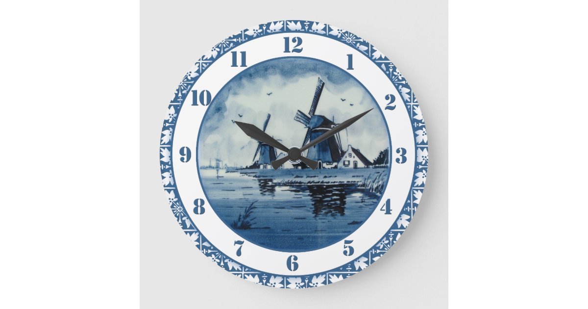 Blue Delft Blue Windmill Large Clock | Zazzle
