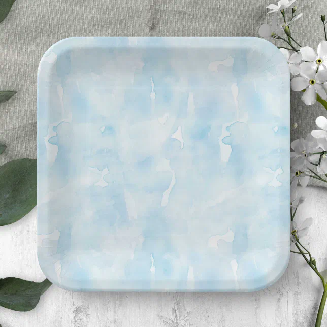 blue delicate watercolor texture paper plates | Zazzle