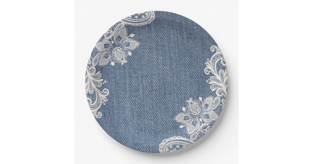 Blue Denim and White Lace Shabby Chic Paper Plate | Zazzle