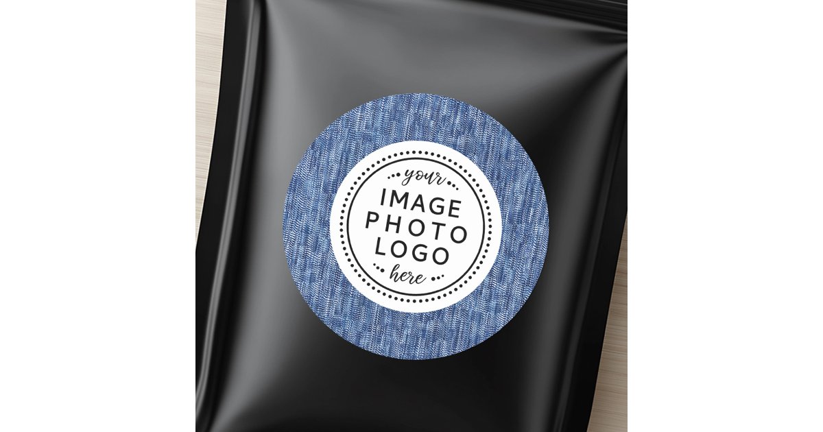 Blue denim border white circle business logo classic round sticker | Zazzle