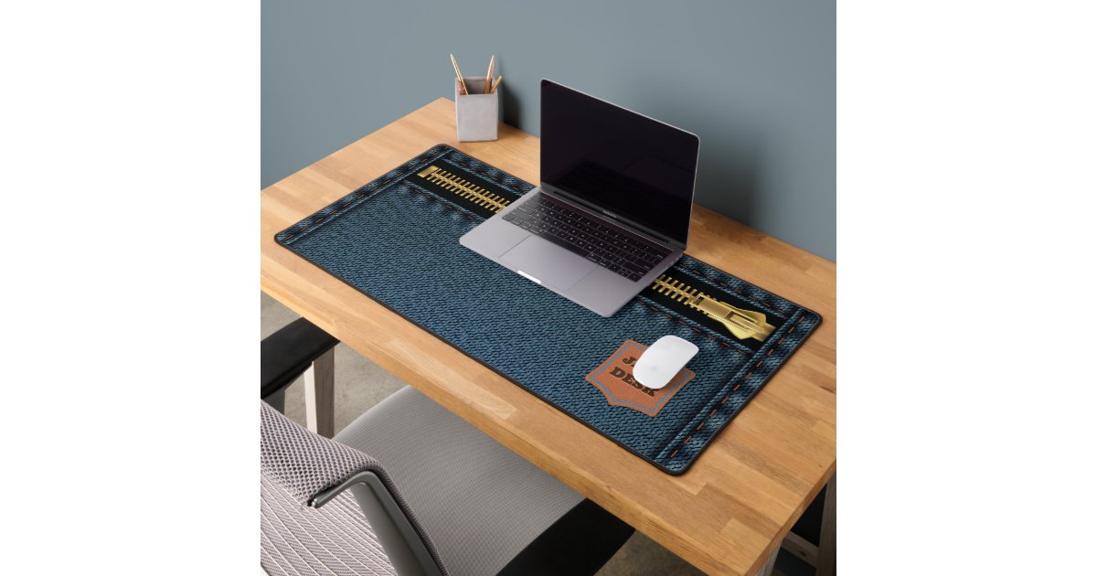 Blue Denim Cloth With Zip And Label Jean Fabric Desk Mat | Zazzle