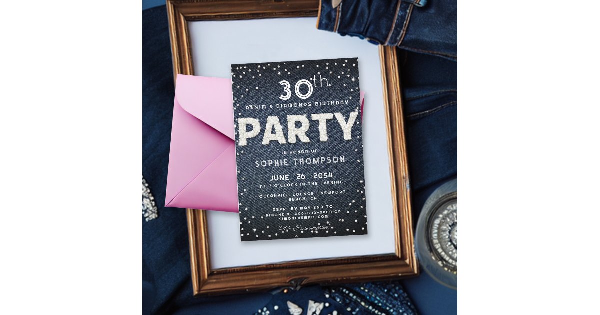 Blue Denim Diamonds Glitter Any Age Birthday Party Invitation | Zazzle