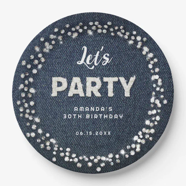 Blue Denim Diamonds Glitter Rhinestone Let's Party Paper Plates | Zazzle