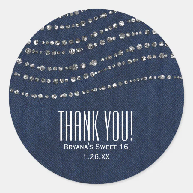 Blue Denim & Diamonds Sparkle Bling Party Favor Classic Round Sticker ...