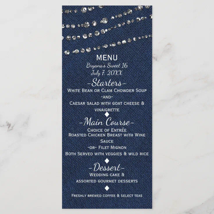 Blue Denim & Diamonds Sparkle Bling Party Menu | Zazzle
