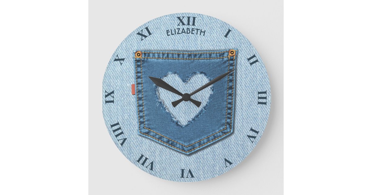 Blue Denim Jeans Pocket In Heart Shape Cool Design Large Clock | Zazzle