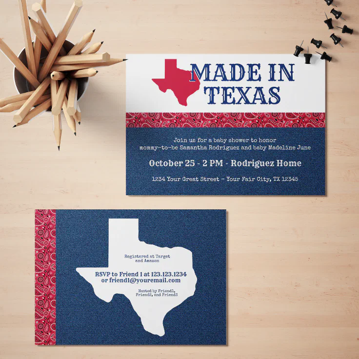 Blue Denim & Red Bandana Print Texas Baby Shower Invitation | Zazzle