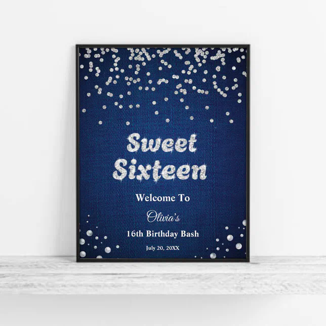 Blue Denim Sweet Sixteen 16th Birthday Welcome Poster | Zazzle