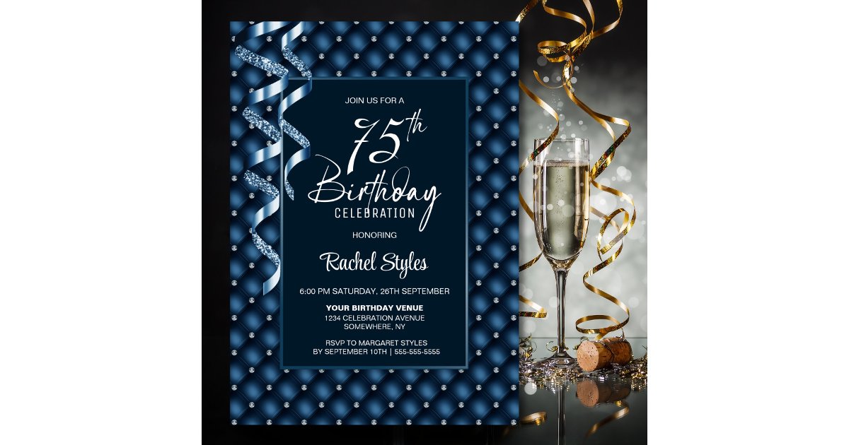 Blue Diamond Pattern 75th Birthday Party Invitation | Zazzle