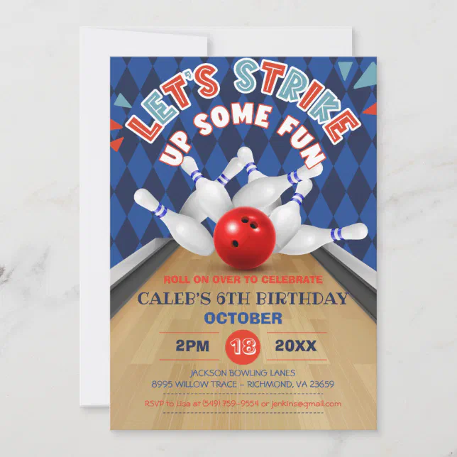 Blue Diamond Stripe Lets Strike Bowling Birthday Invitation | Zazzle