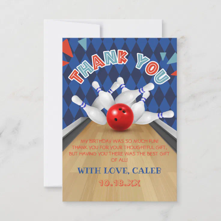 Blue Diamond Stripe Lets Strike Bowling Birthday Thank You Card | Zazzle