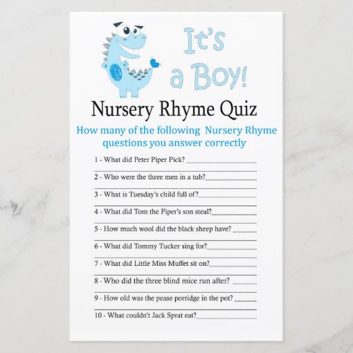 Blue Dinosaur Nursery Rhyme Quiz baby shower game | Zazzle