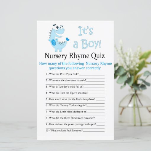 Blue Dinosaur Nursery Rhyme Quiz baby shower game | Zazzle