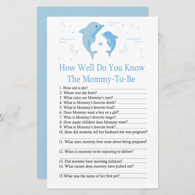 Blue Dolphin How well do you know baby shower game | Zazzle