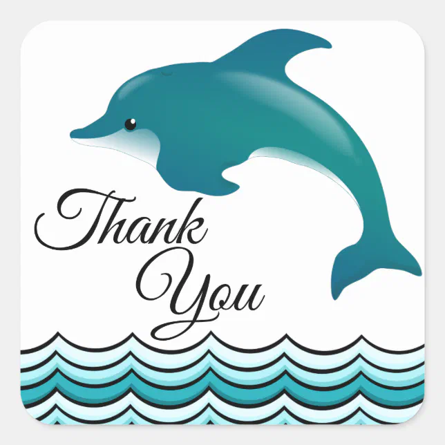 Blue Dolphin Thank You Square Sticker | Zazzle