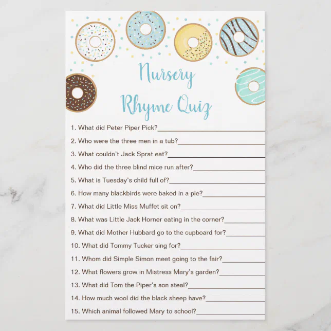 Blue Donut Baby Shower Nursery Rhyme Game | Zazzle