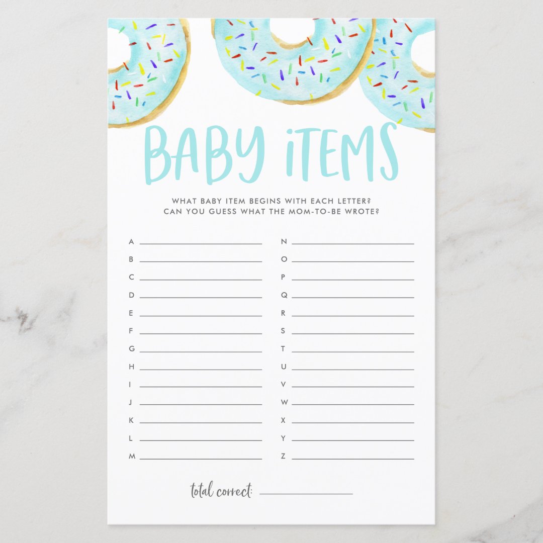 Blue Donuts Guess The Baby Items Baby Shower Game | Zazzle
