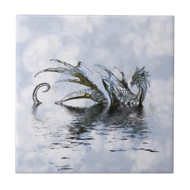 Blue Dragon Illustration with clouds and water Tile | Zazzle