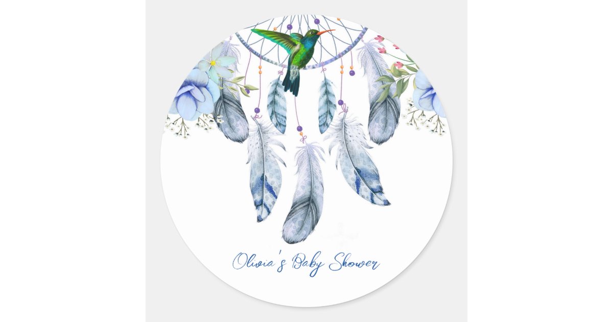 Blue Dreamcatcher Hummingbird Boy Baby Shower Classic Round Sticker ...