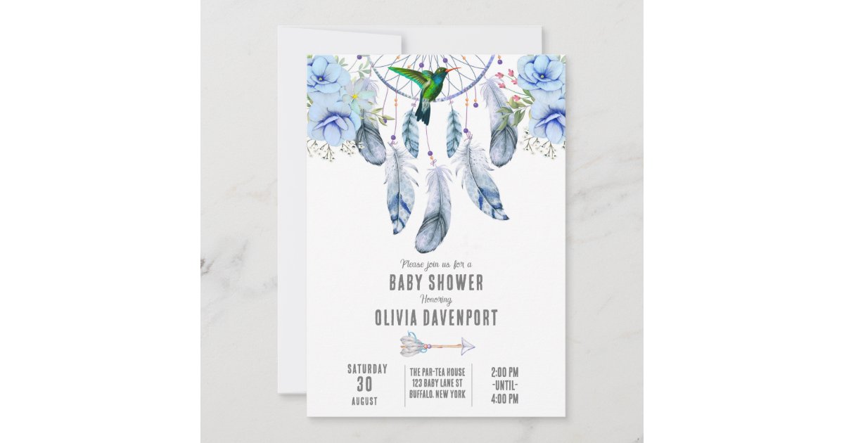 Blue Dreamcatcher Hummingbird Boy Baby Shower Invitation | Zazzle