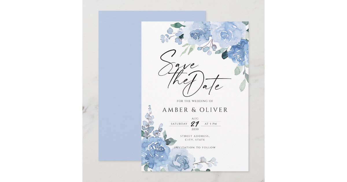 Blue Dusty Floral Light Blue Leaves Save The Date Invitation | Zazzle