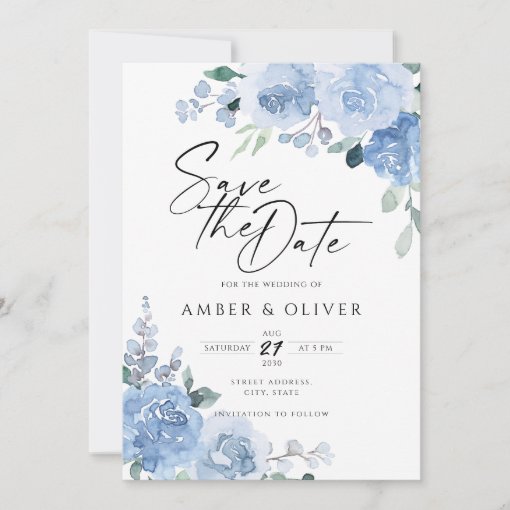 Blue Dusty Floral Light Blue Leaves Save The Date Invitation | Zazzle